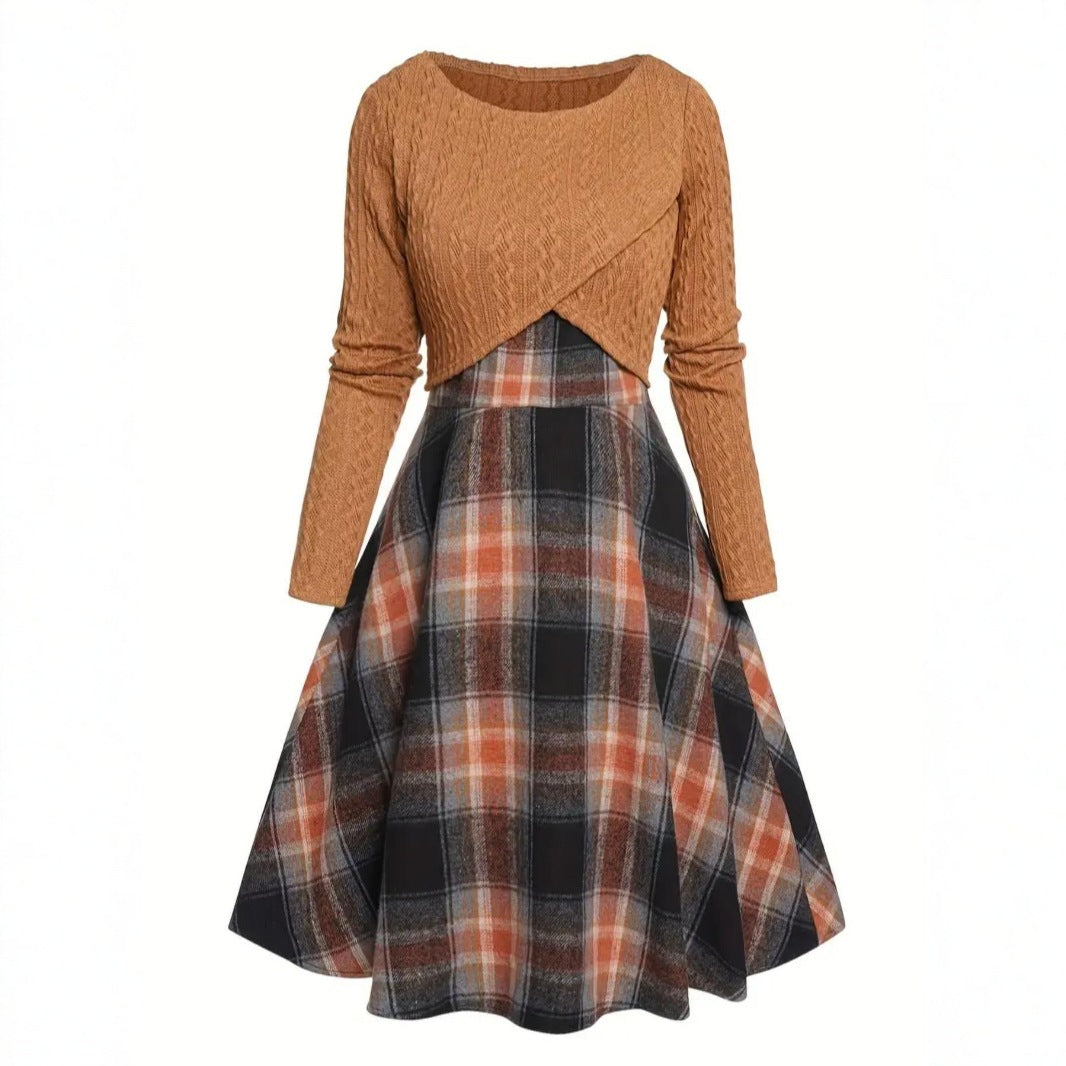 JORY™ - Vintage Round Neck Long Sleeve Crop Top and Plaid Dress – Susan ...